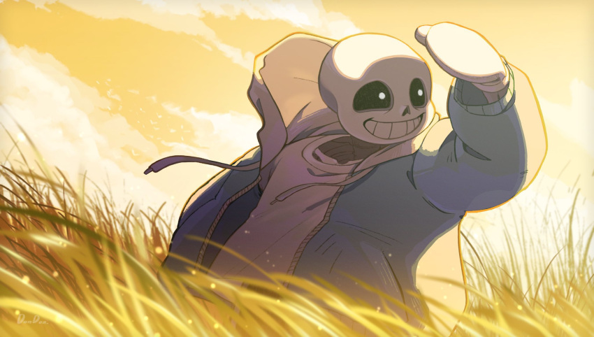 Safebooru - 1boy artist name blue jacket forut dondon gloves grass grin ...