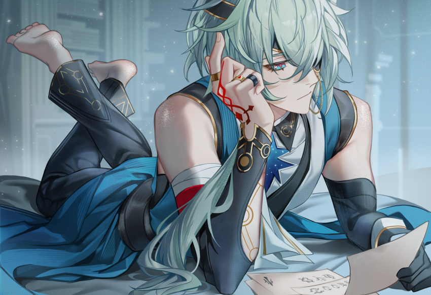Safebooru - 1boy absurdres anaxa (honkai: star rail) aqua hair bare shoulders barefoot blue eyes ...