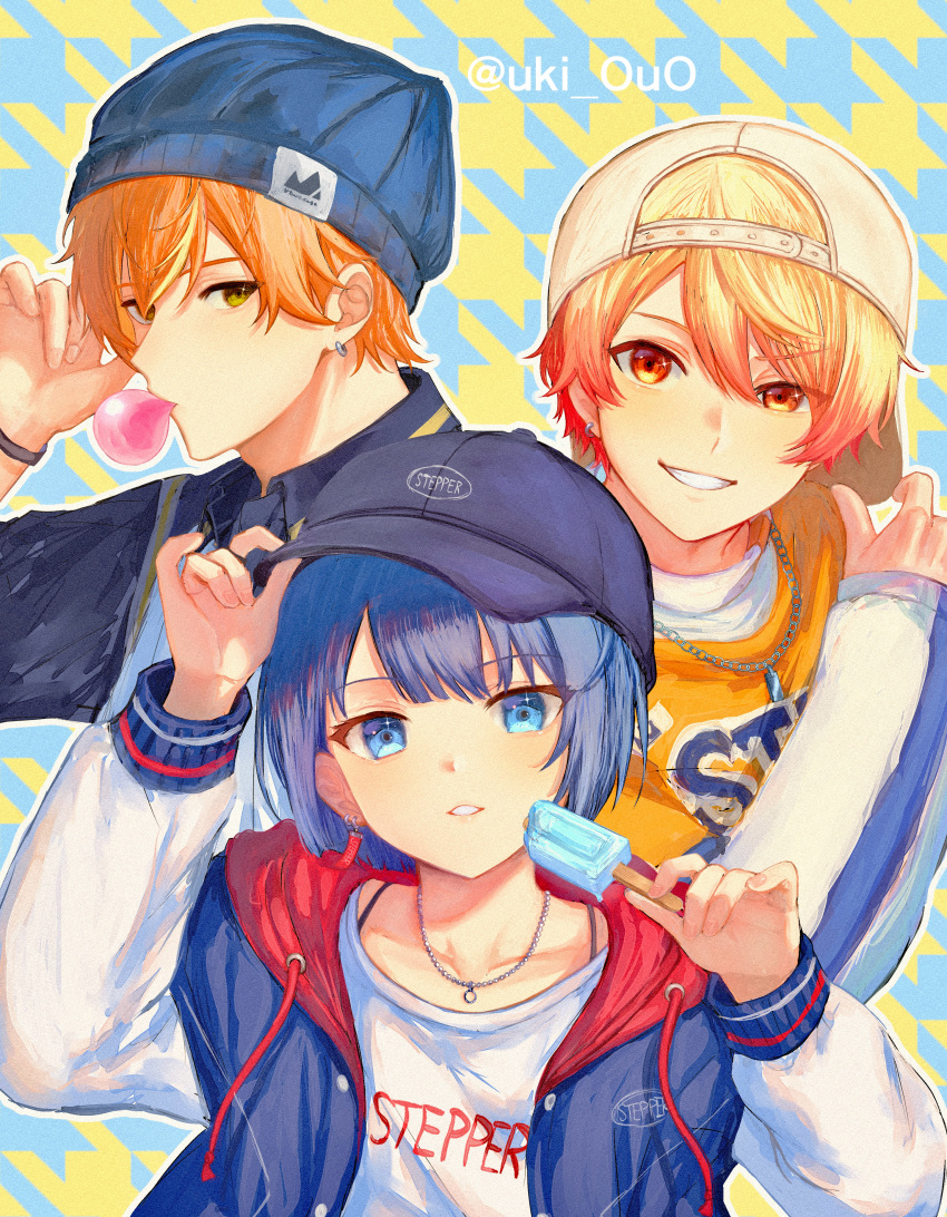 Safebooru - 1girl 2boys :d :o \||/ absurdres artist name backwards hat baseball cap beanie ...