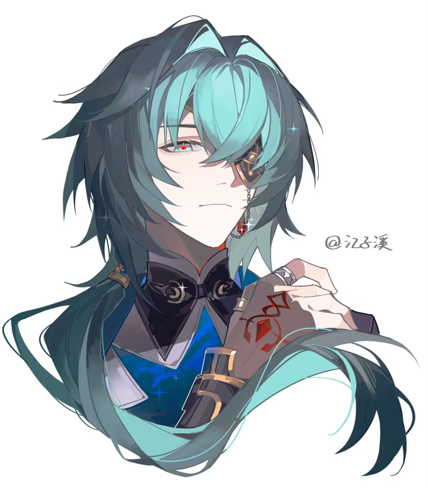Safebooru - 1boy anaxa (honkai: star rail) aqua eyes aqua hair eyepatch hair intakes hand tattoo ...
