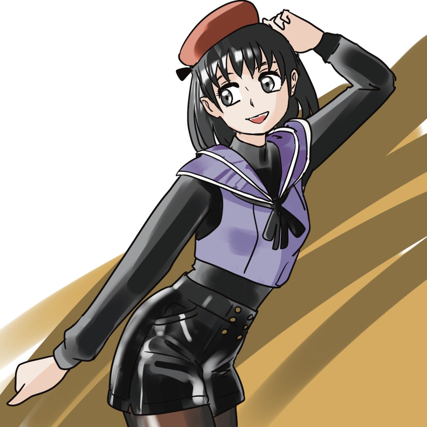 Safebooru - 1girl beret black bodysuit black hair black ribbon black shorts bodysuit cropped ...