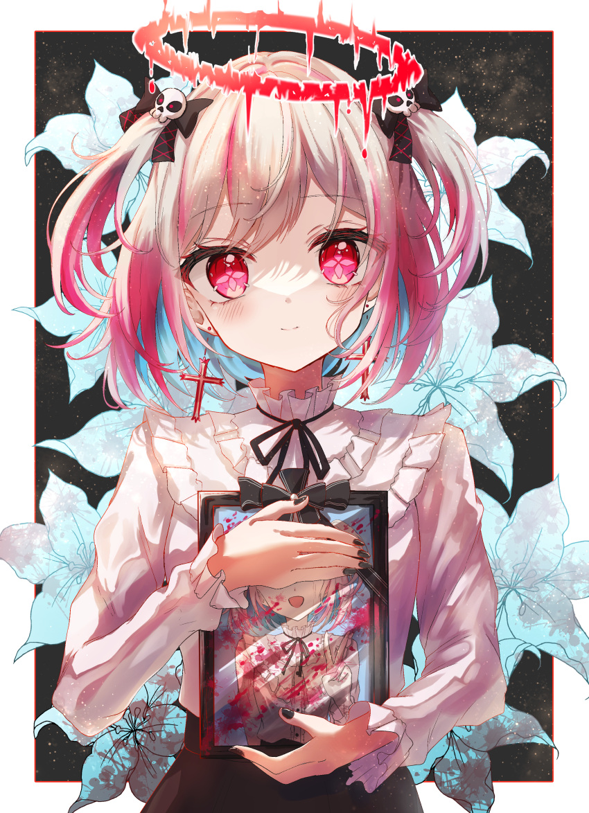 Safebooru - 1girl absurdres black bow black nails blonde hair blood blush border bow closed ...