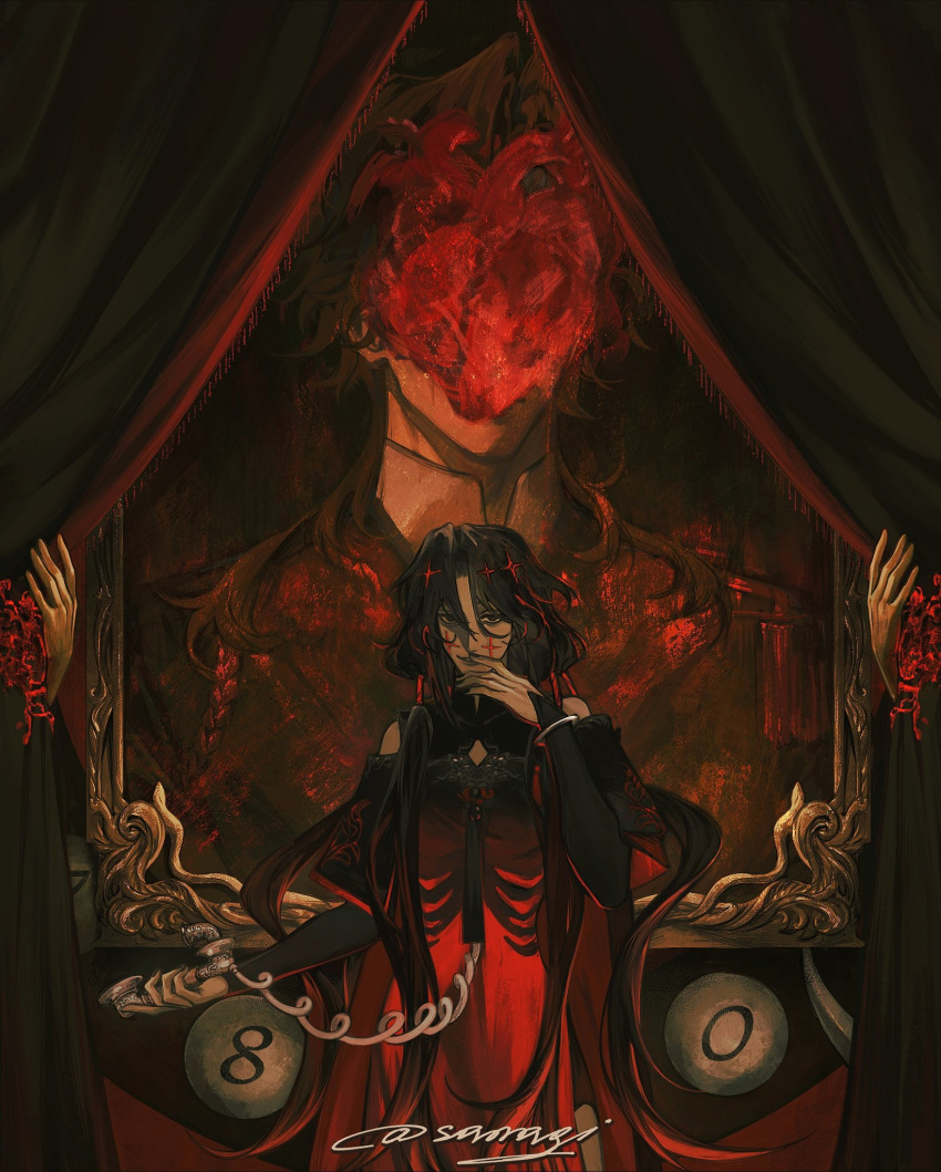 Safebooru - 1girl artist name black eyes black hair closed mouth curtains decorations dress ...