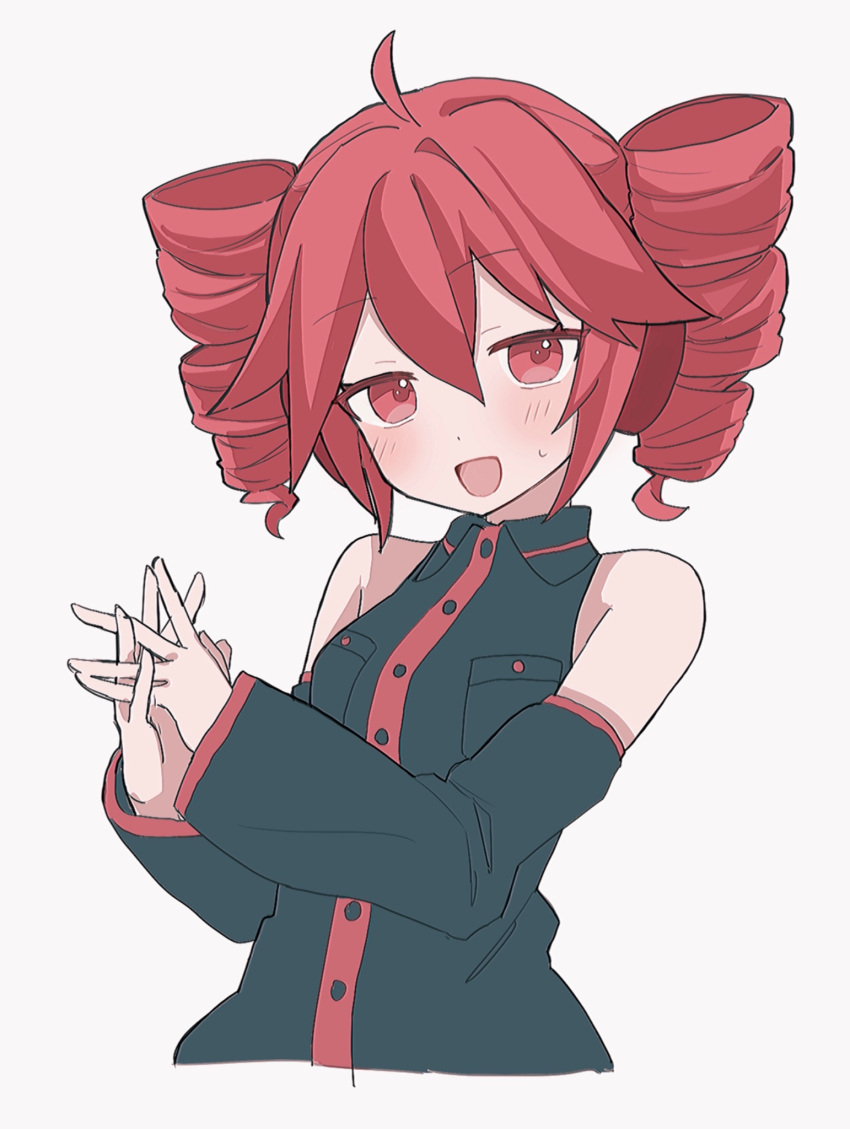 Safebooru - 1girl :d ahoge bare shoulders black shirt black sleeves breast pocket buttons ...