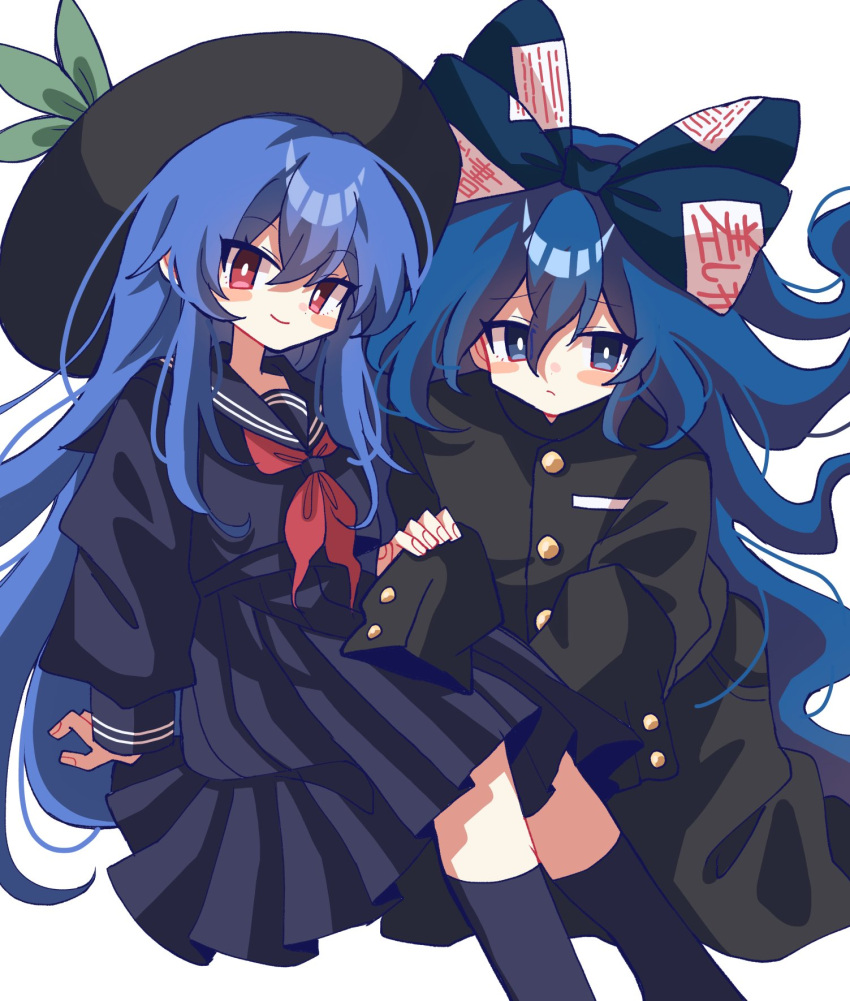 Safebooru - 2girls black hat black jacket black pants blue bow blue eyes blue hair blue serafuku ...