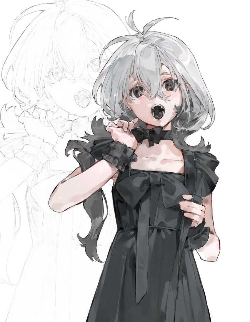 Safebooru - 1girl baifeidaiwang black dress black eyes black tongue dress fangs grey hair ...