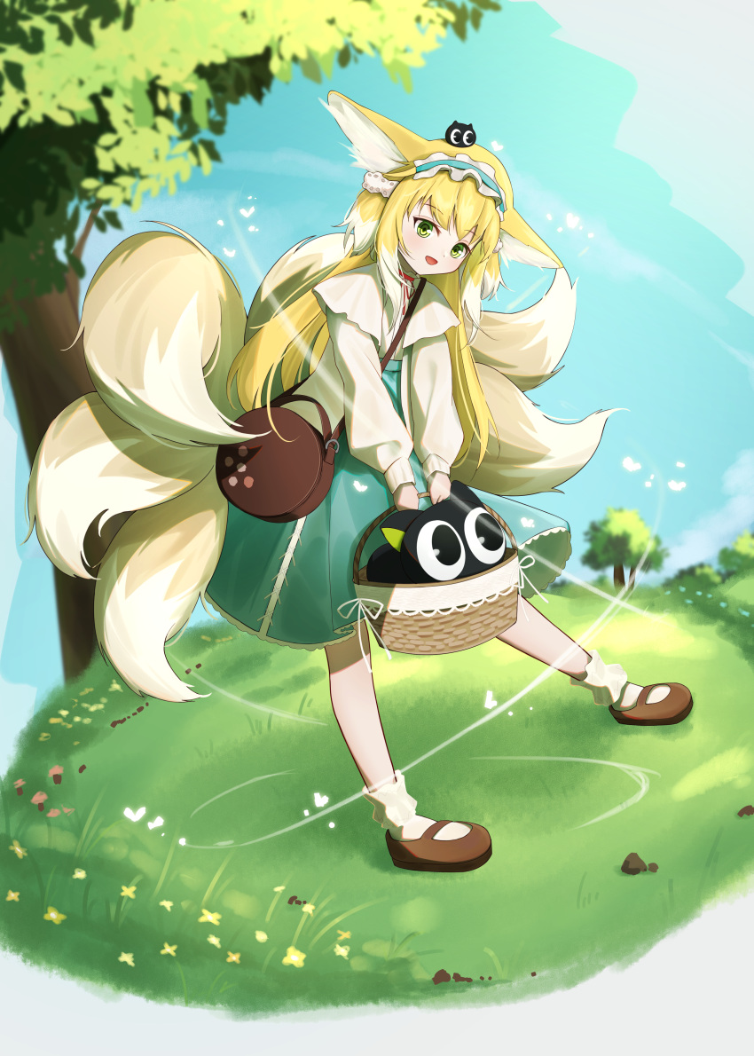 Safebooru - 1girl :d absurdres animal ears ankle socks aqua skirt arknights basket bingcan ...
