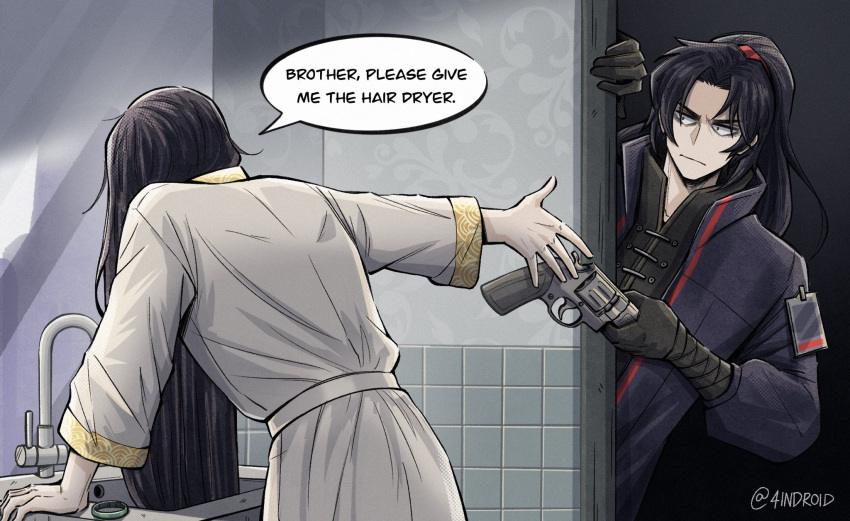 Safebooru - 2boys 4indroid black coat black gloves black hair blue coat brothers coat gloves gun ...