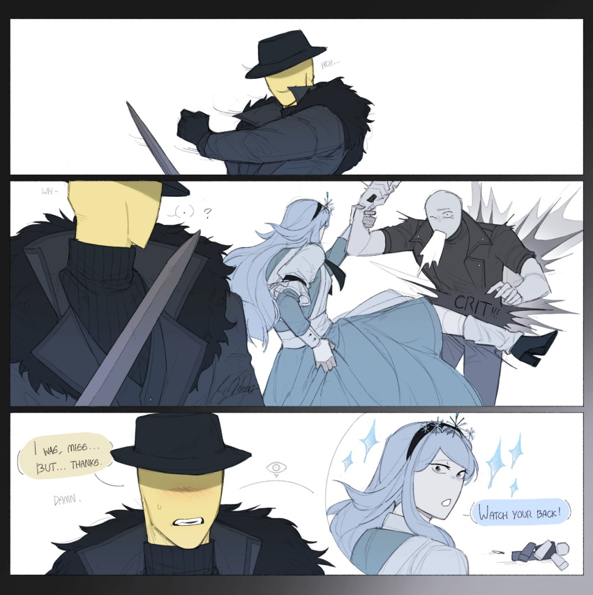 Safebooru - 1boy 1girl 1other apron bald black coat black gloves black hairband black hat black ...