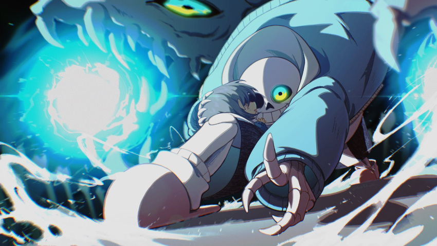 Safebooru - 1boy 1other black shorts blue jacket fighting stance forut ...