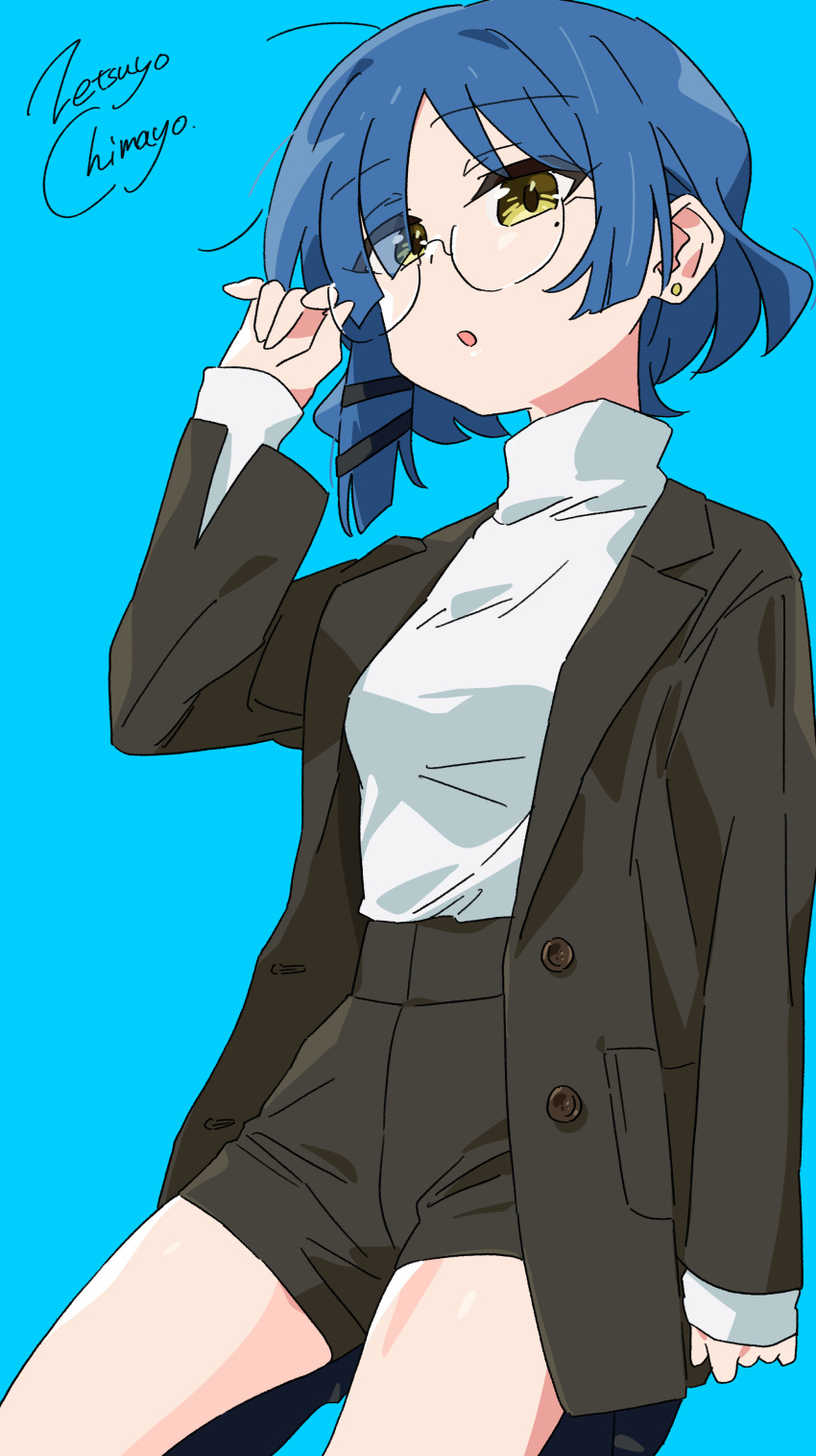 Safebooru - 1girl :o absurdres alternate costume artist name bespectacled black jacket black ...