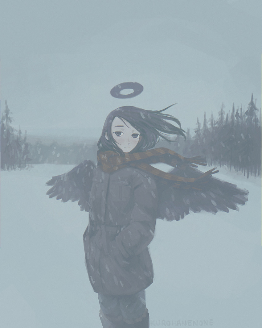 Safebooru - 1girl artist name bags under eyes black eyes black hair black halo black wings blush ...