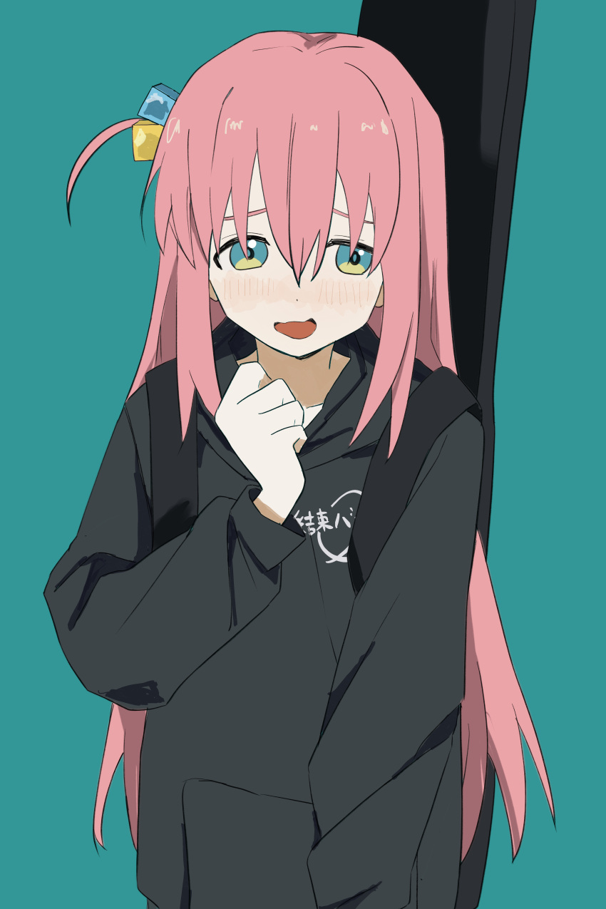 Safebooru - 1girl absurdres alternate costume aqua background black hoodie blue eyes blush ...