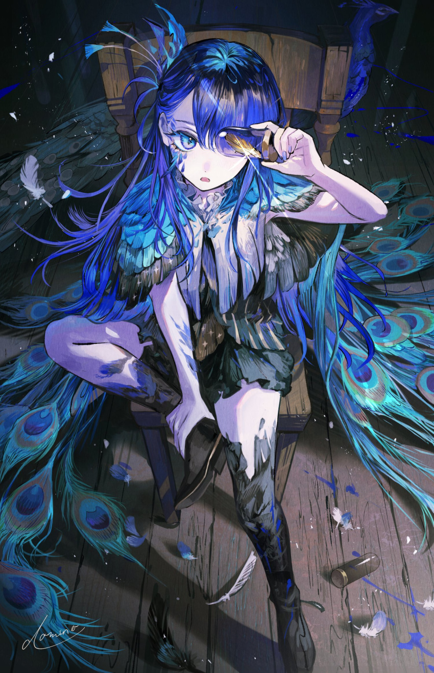 Safebooru - 1girl bird black feathers black shoes black skirt blue eyes blue feathers blue hair ...
