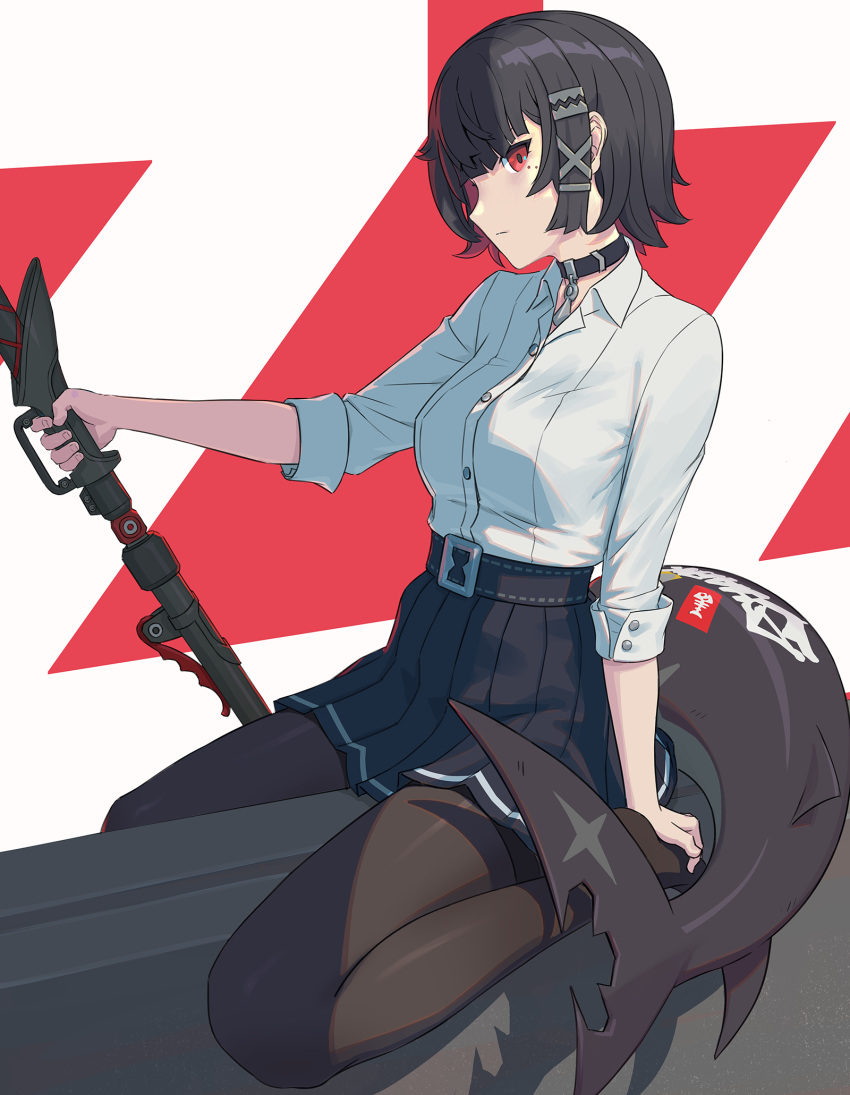 Safebooru - belt black choker black hair black pantyhose breasts choker collared shirt ellen joe ...