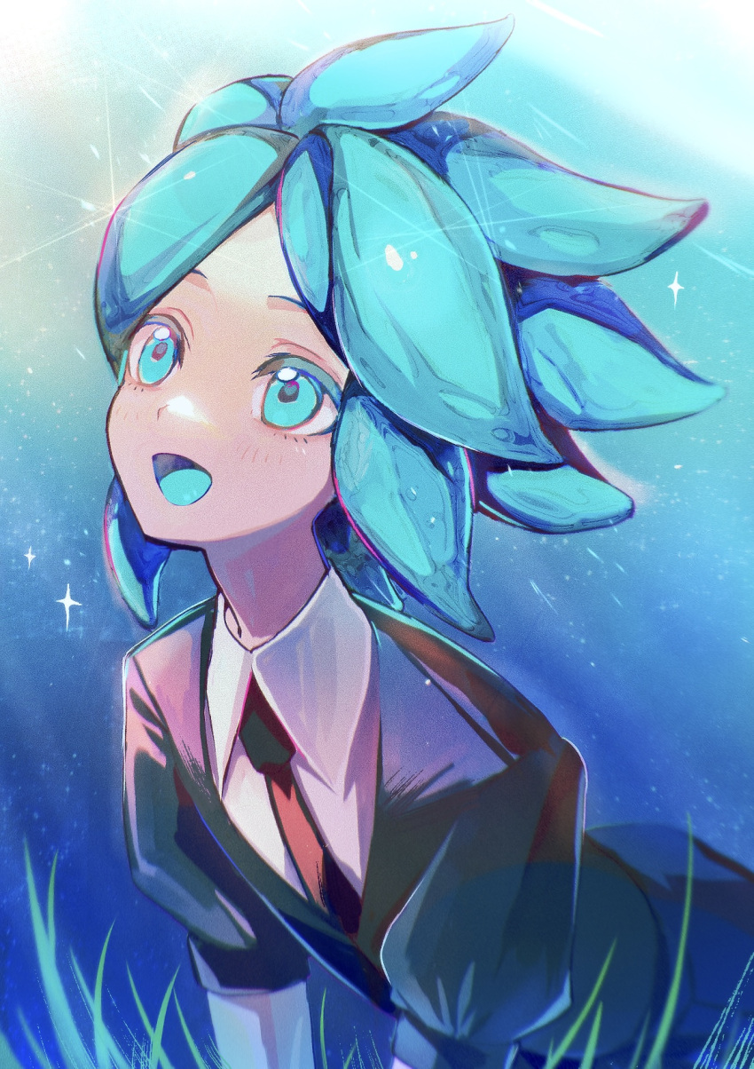 Safebooru - 1other aqua eyes aqua hair black jacket blush commentary ...