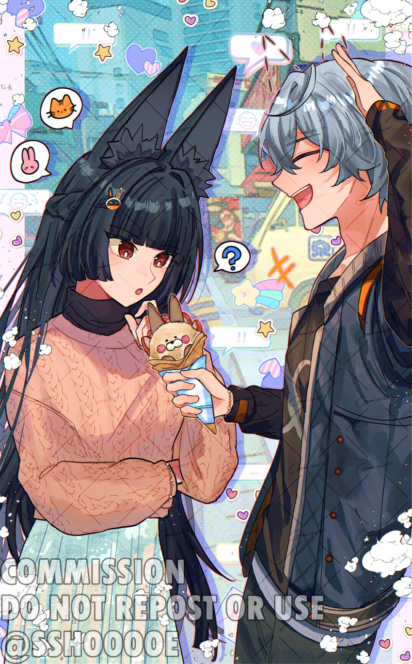 Safebooru - 1boy 1girl ? ^ ^ absurdres animal ear fluff animal ears black hair black shirt blue ...