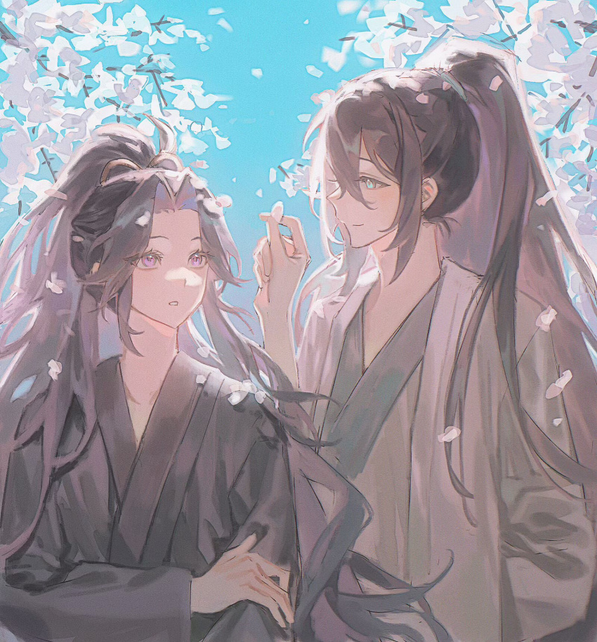 Safebooru - 1boy 1girl aqua eyes black hair black robe blue sky high ...
