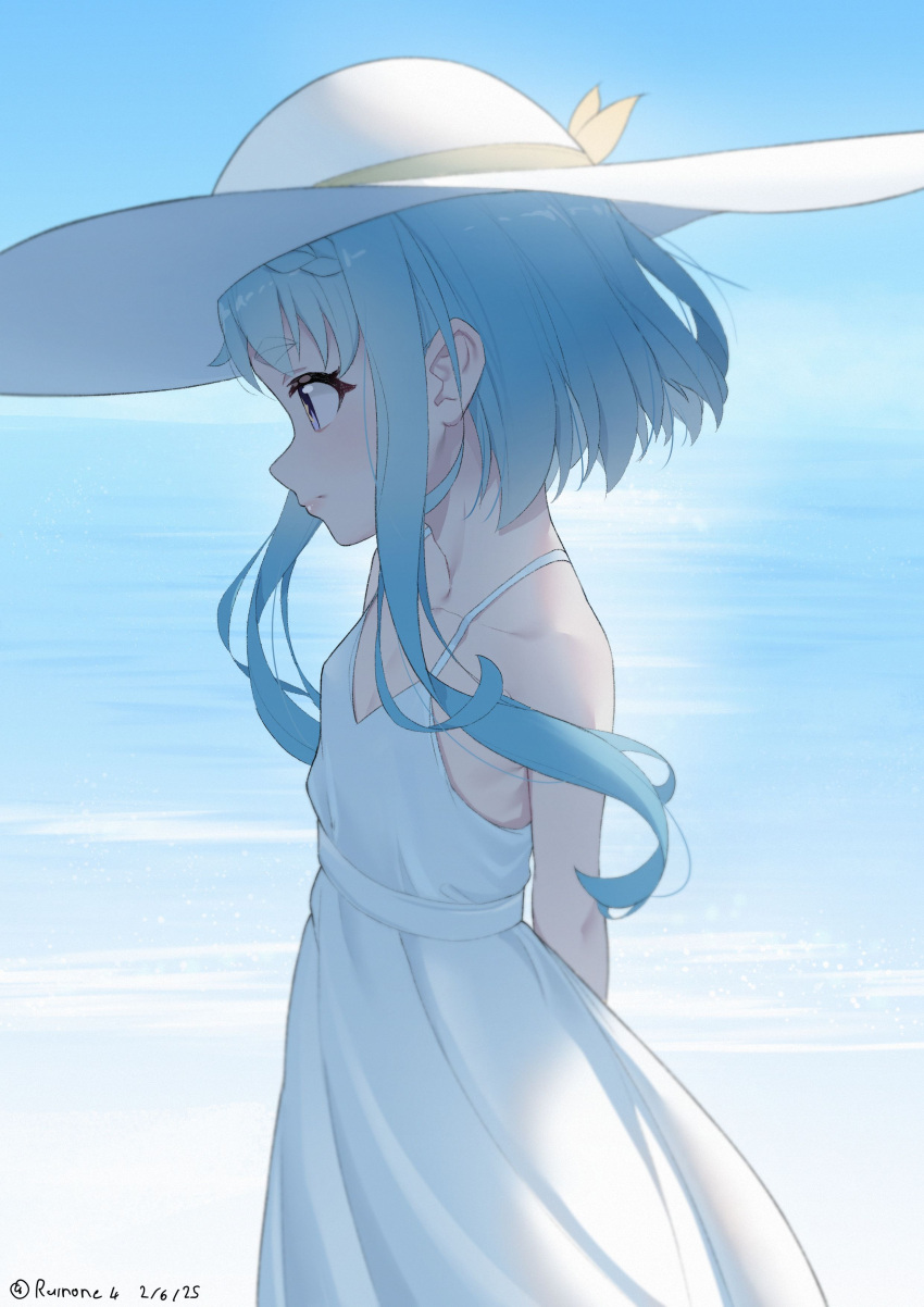 Safebooru - absurdres alternate costume arms behind back artist name blue hair closed mouth ...