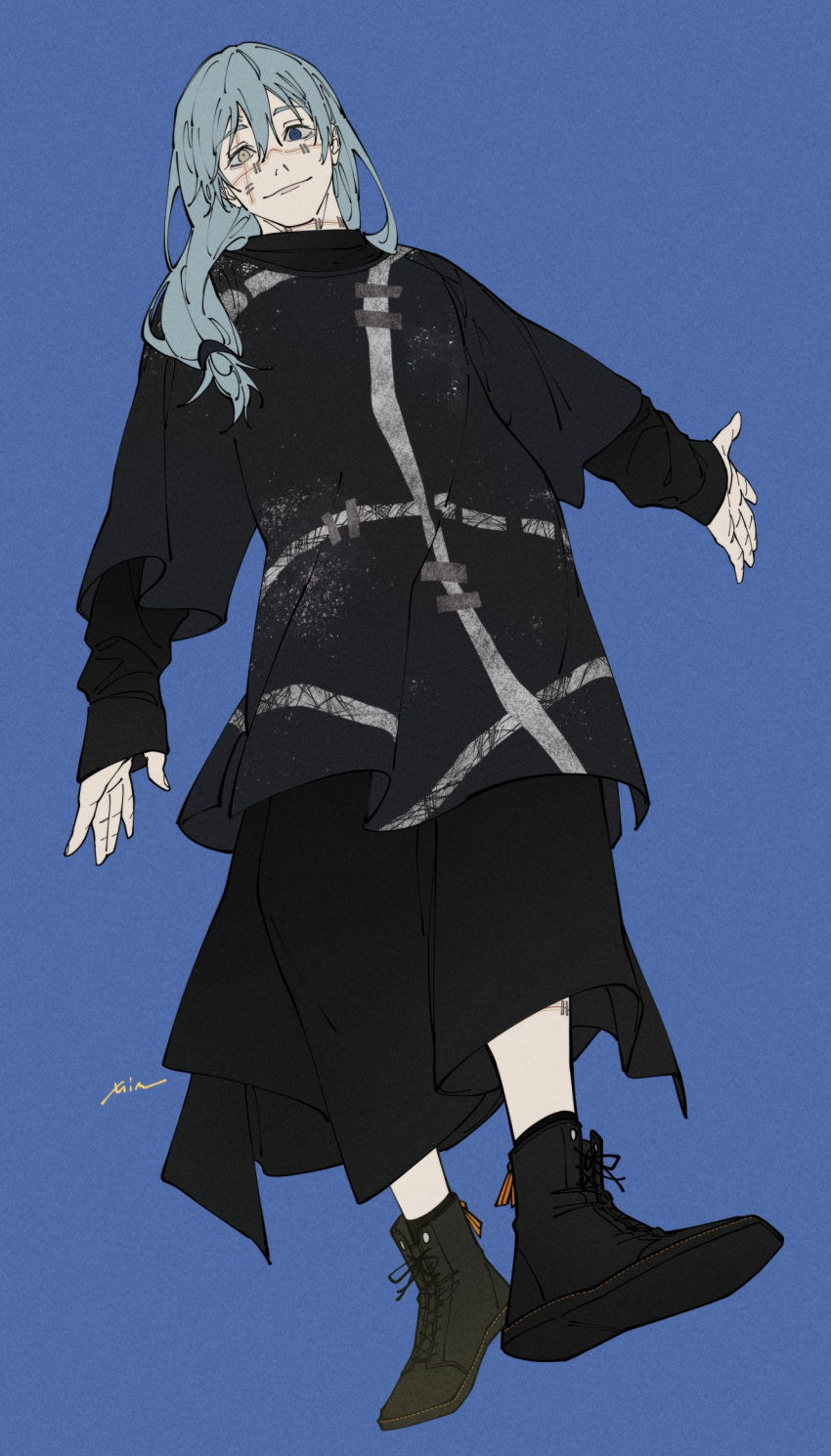 Safebooru - 1boy androgynous black boots black pants black shirt blue background blue eyes blue ...