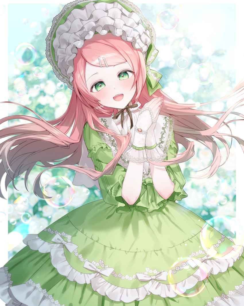 Safebooru - 1girl adapted costume aqua background bubble chin strap ...