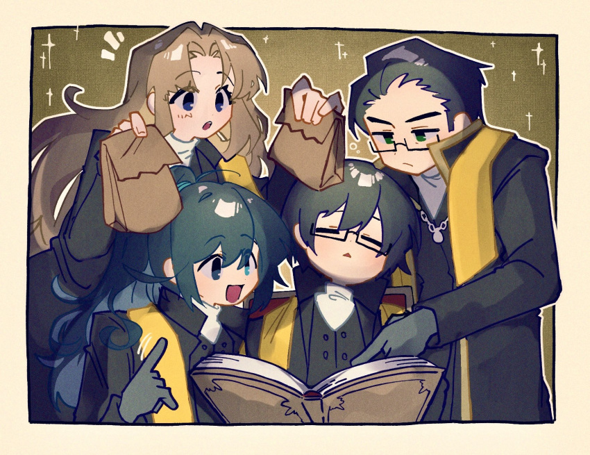Safebooru - 1girl 3boys :d :o aqua eyes bag black eyes black hair blue ...