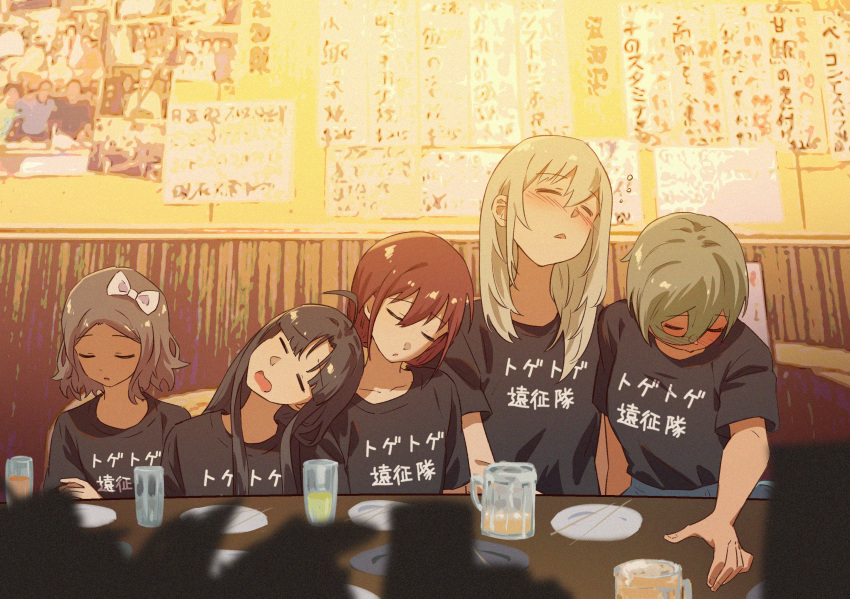Safebooru - 5girls ahoge awa subaru black hair black shirt blush bow brown hair closed eyes ...
