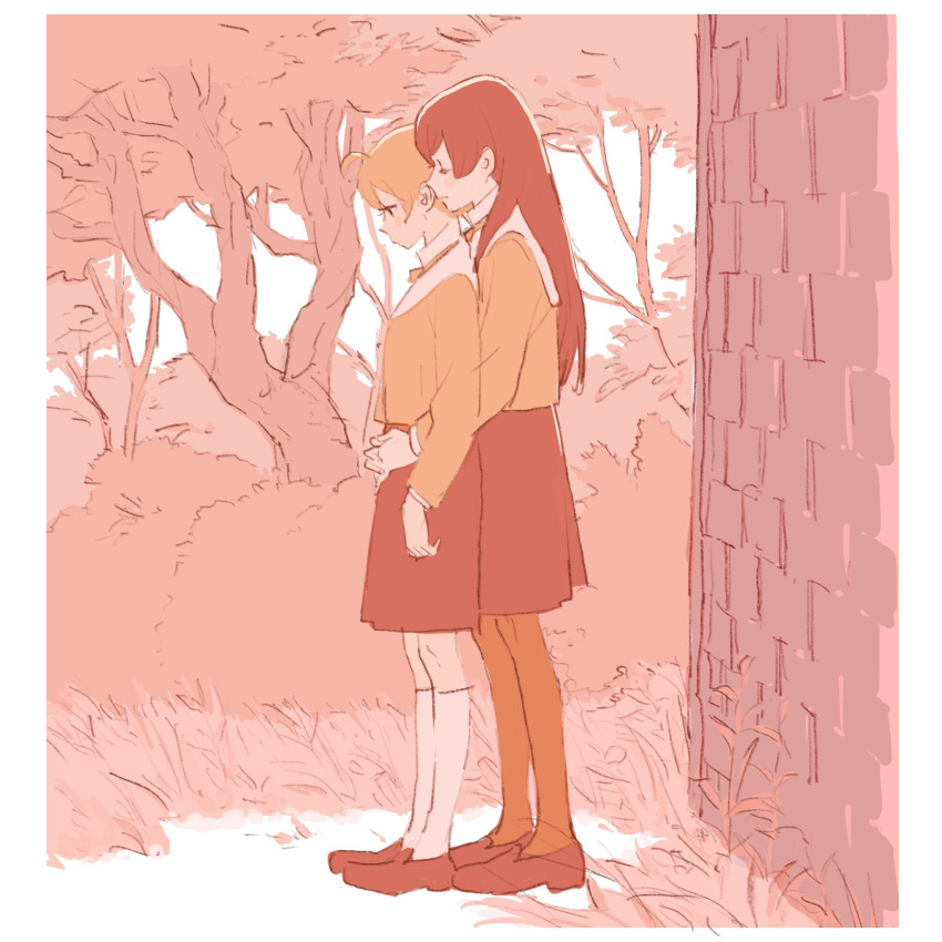 Safebooru - 2girls 55bata6rou ahoge behind another brown theme bush ...
