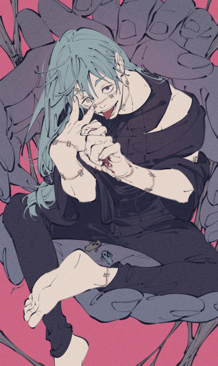 Safebooru - 1boy androgynous barefoot black pants black shirt commentary request cursed spirit ...