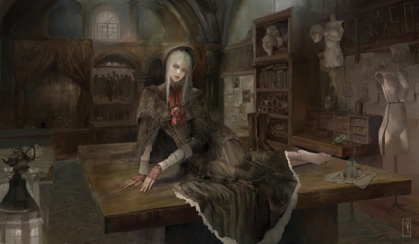 Safebooru - 1girl ascot barefoot bloodborne bonnet boots brown dress christian angel closed ...