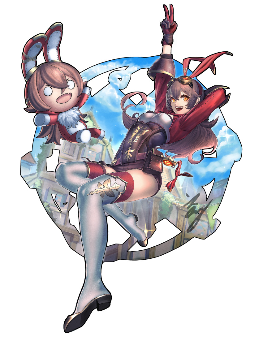 Safebooru - 1girl :d absurdres amber (genshin impact) animal ears arm behind head arms up baron ...