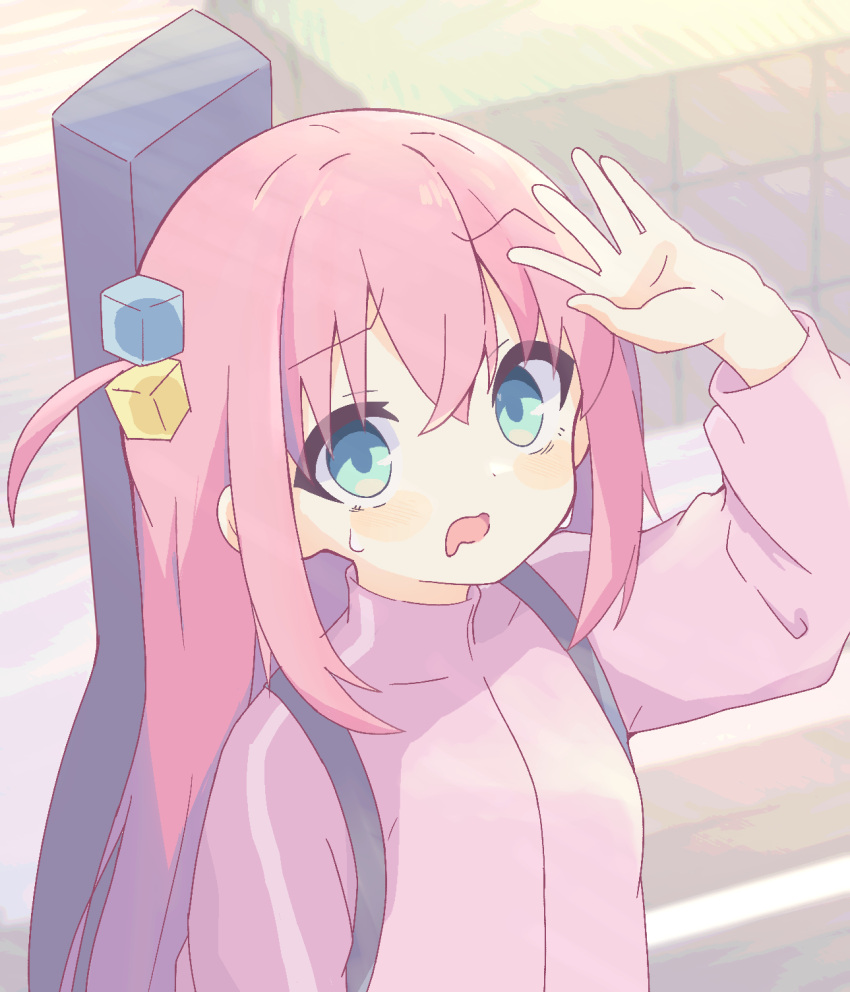 Safebooru - 1girl arms up blue eyes bocchi the rock! cube hair ornament gotoh hitori gozouroppu ...