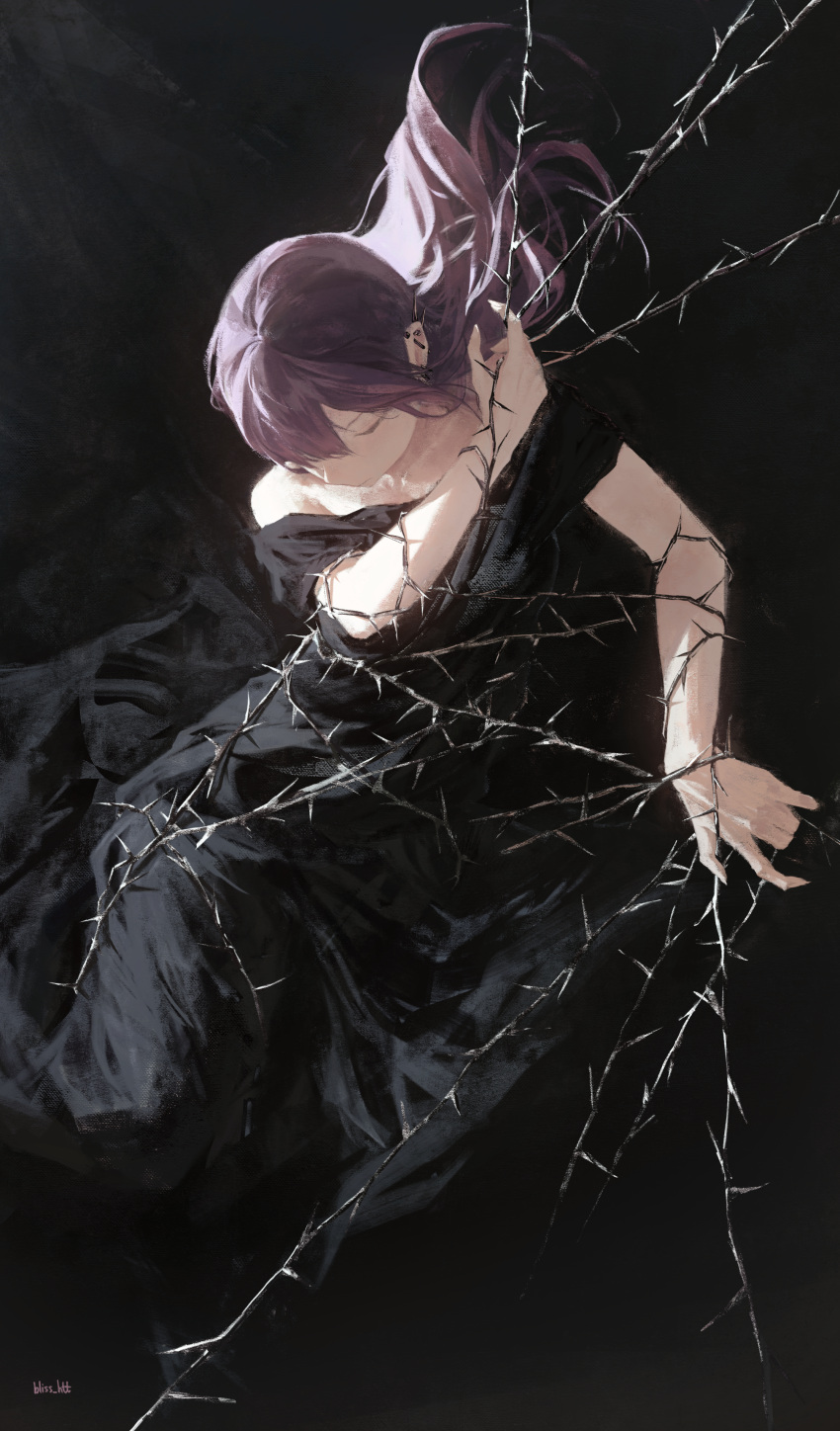 Safebooru - 1girl absurdres artist name bare shoulders black background black dress bliss htt ...