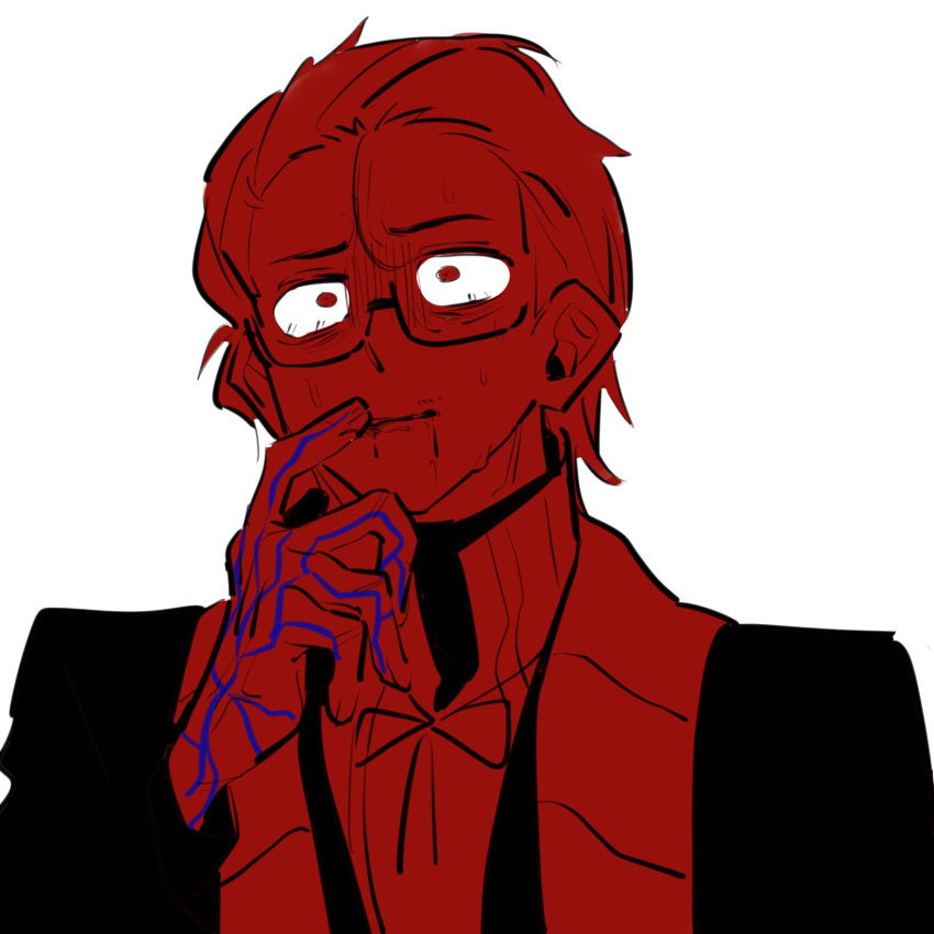 Safebooru - 1boy black suit blood on mouth crazy eyes distress finger to mouth glasses gregor ...