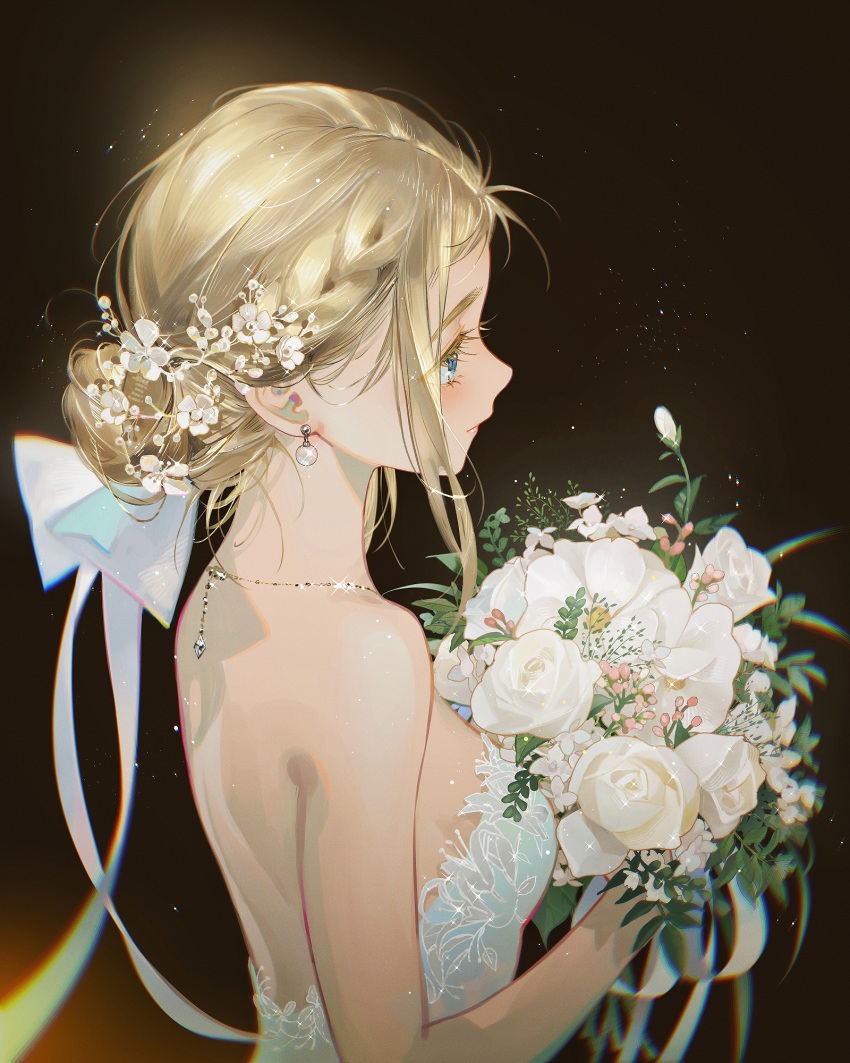 Safebooru - 1girl bare shoulders blonde hair blue eyes blush bouquet dress earrings flower from ...