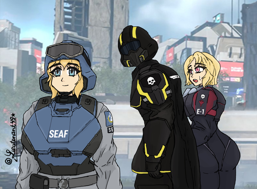 Safebooru - 1boy 2girls absurdres armor artist name belt black gloves ...