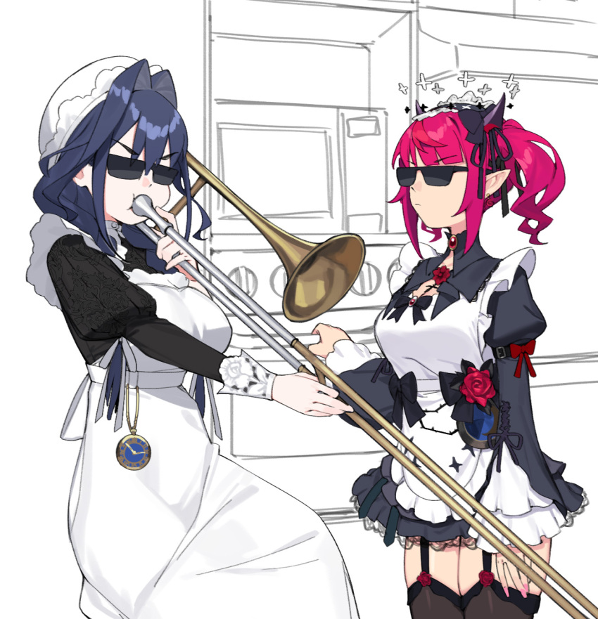 Safebooru - 2girls apron black dress black ribbon black thighhighs blue ...