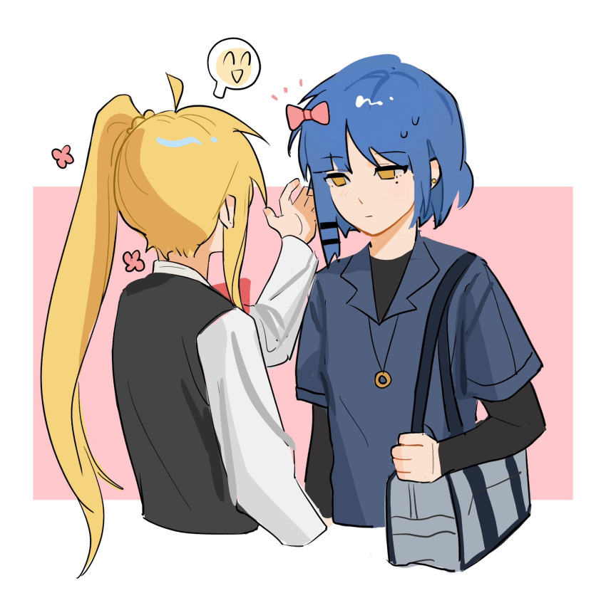 Safebooru - 2girls ahoge bag blonde hair blue hair blue shirt bocchi the rock! bow flower symbol ...