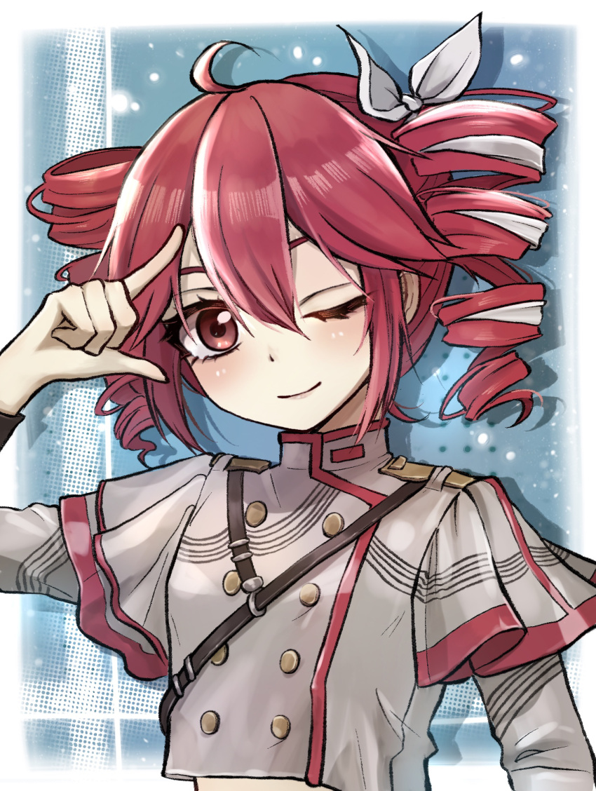 Safebooru - 1girl ahoge belt black belt blue background border buttons closed mouth double ...