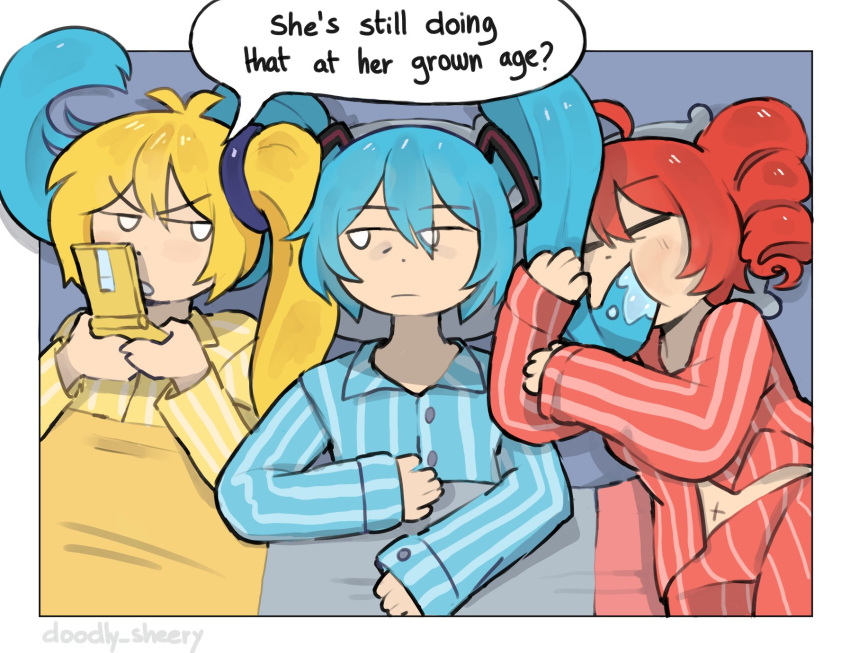 Safebooru - 2girls ahoge akita neru aqua hair bed blonde hair blue pajamas drill hair english ...