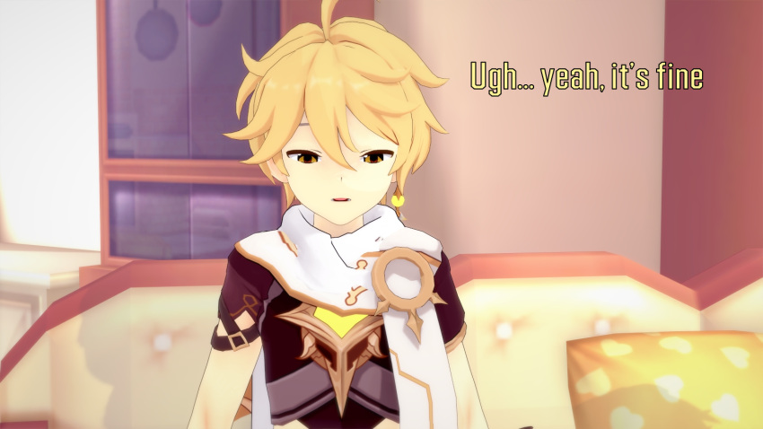 Safebooru - 1boy 3d aether (genshin impact) blonde hair brown eyes couch english text genshin ...