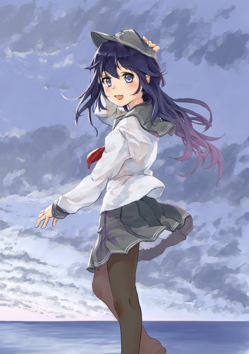 Safebooru - 1girl absurdres akatsuki (kancolle) black pantyhose clouds cloudy sky day flat cap ...