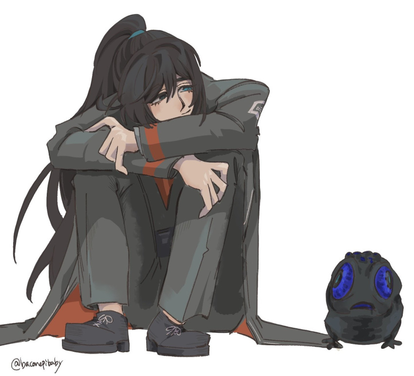 Safebooru - 1boy animal arm on own leg baconepibaby black coat black ...