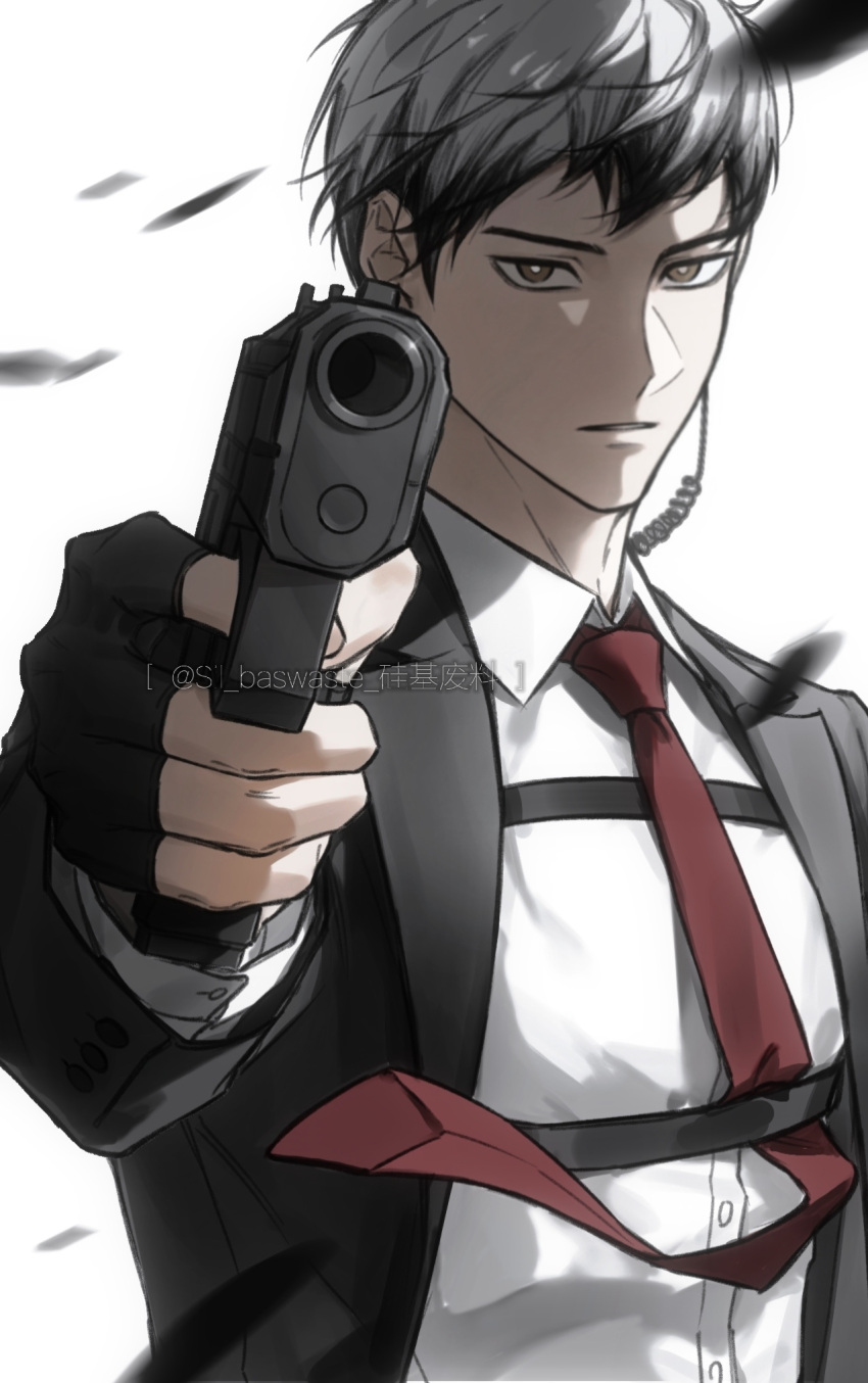 Safebooru - 1boy aiming aiming at viewer black hair black jacket brown ...