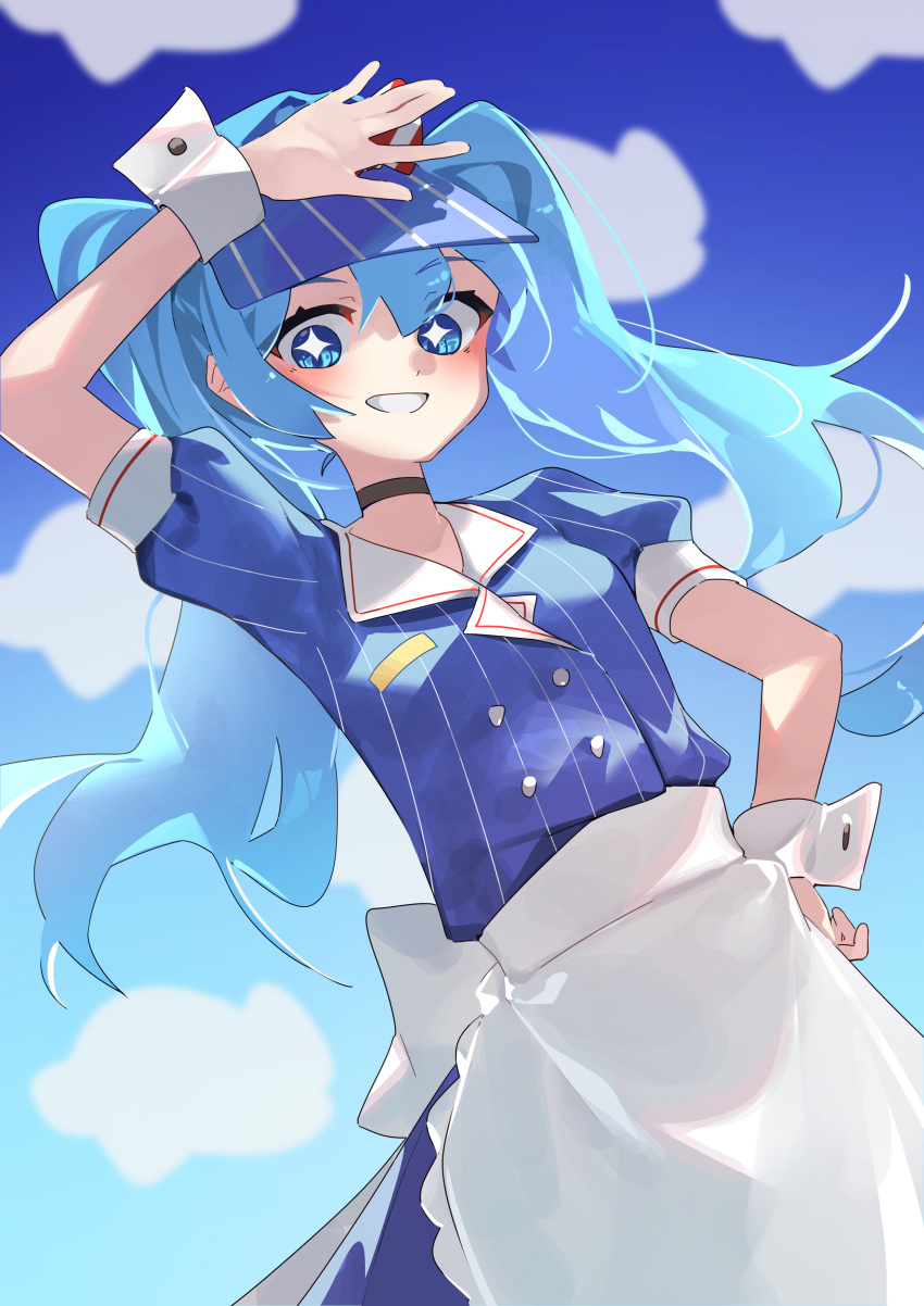 Safebooru - 1girl absurdres alternate costume apron arm up black choker blue dress blue eyes ...