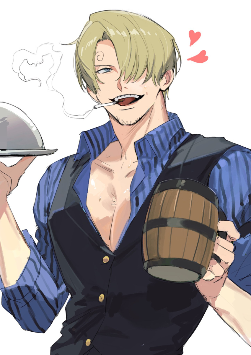 Safebooru - 1boy beer mug black vest blonde hair blue shirt cigarette cup curly eyebrows facial ...