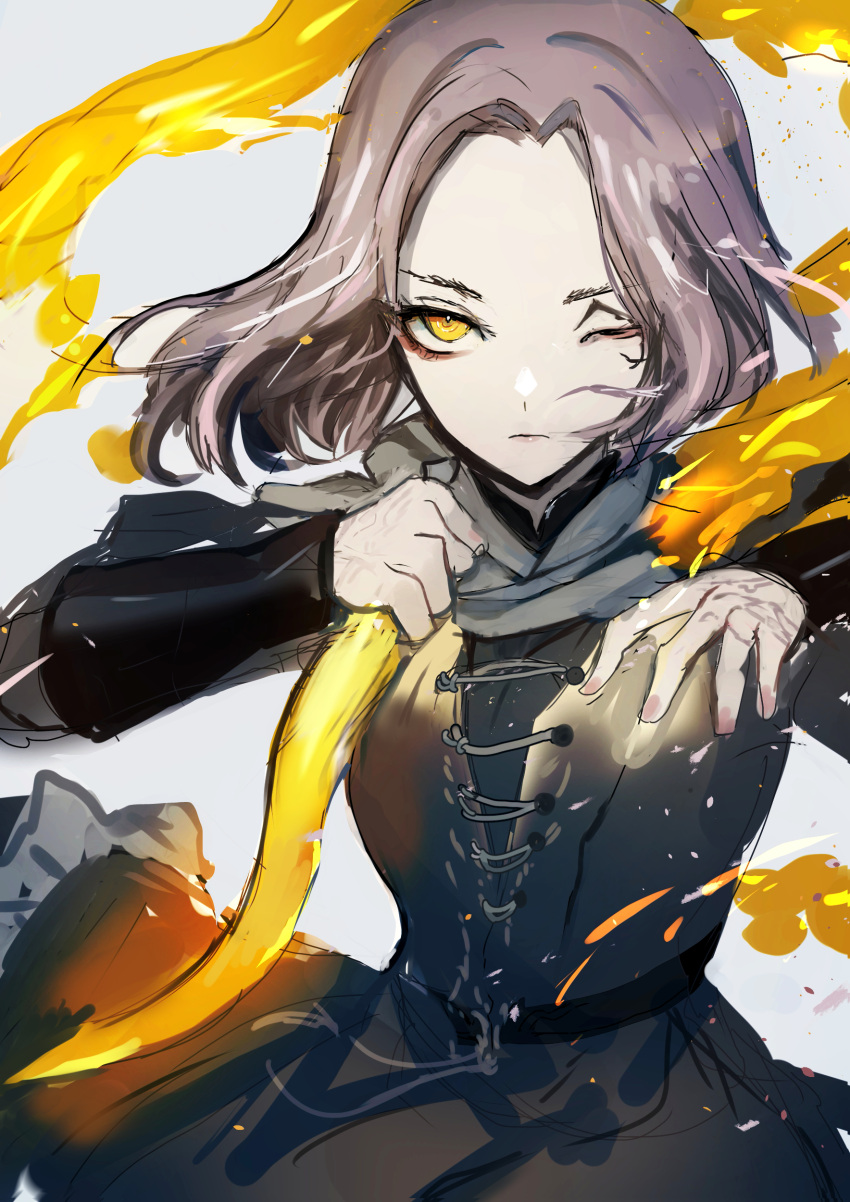 Safebooru - 1girl absurdres belt black belt black coat black dress brown hair buttons chuhaibane ...