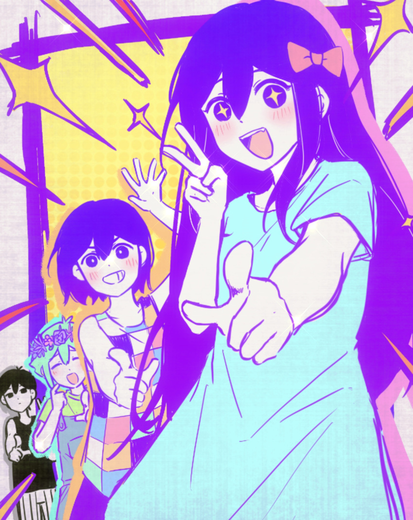 Safebooru - + + 1girl 3boys :d ^ ^ absurdres antenna hair arm up aubrey (headspace) (omori ...