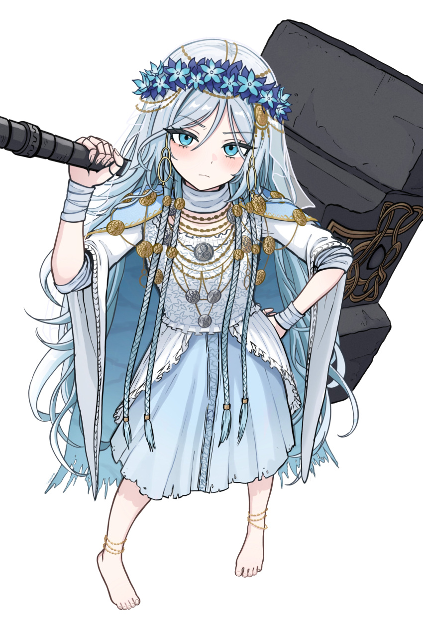 Safebooru - 1girl absurdres anklet barefoot bead anklet beads blue eyes blue skirt braid closed ...