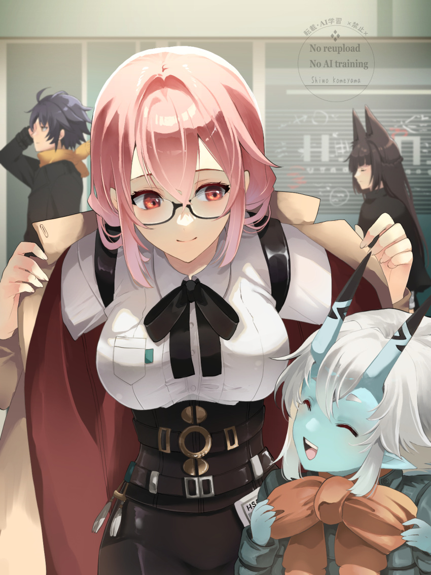 Safebooru - 1boy 3girls animal ears asaba harumasa black hair black shirt blue horns blue oni ...